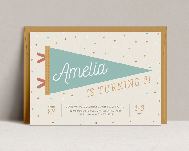 Pennant Birthday Party Invitation, Editable Retro Teal Flag Party ...