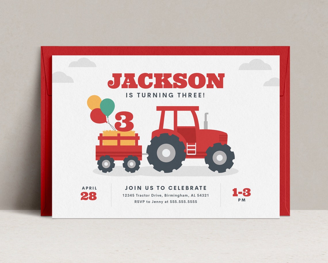 Tractor Birthday Invitation, Editable Modern Red Tractors Party ...