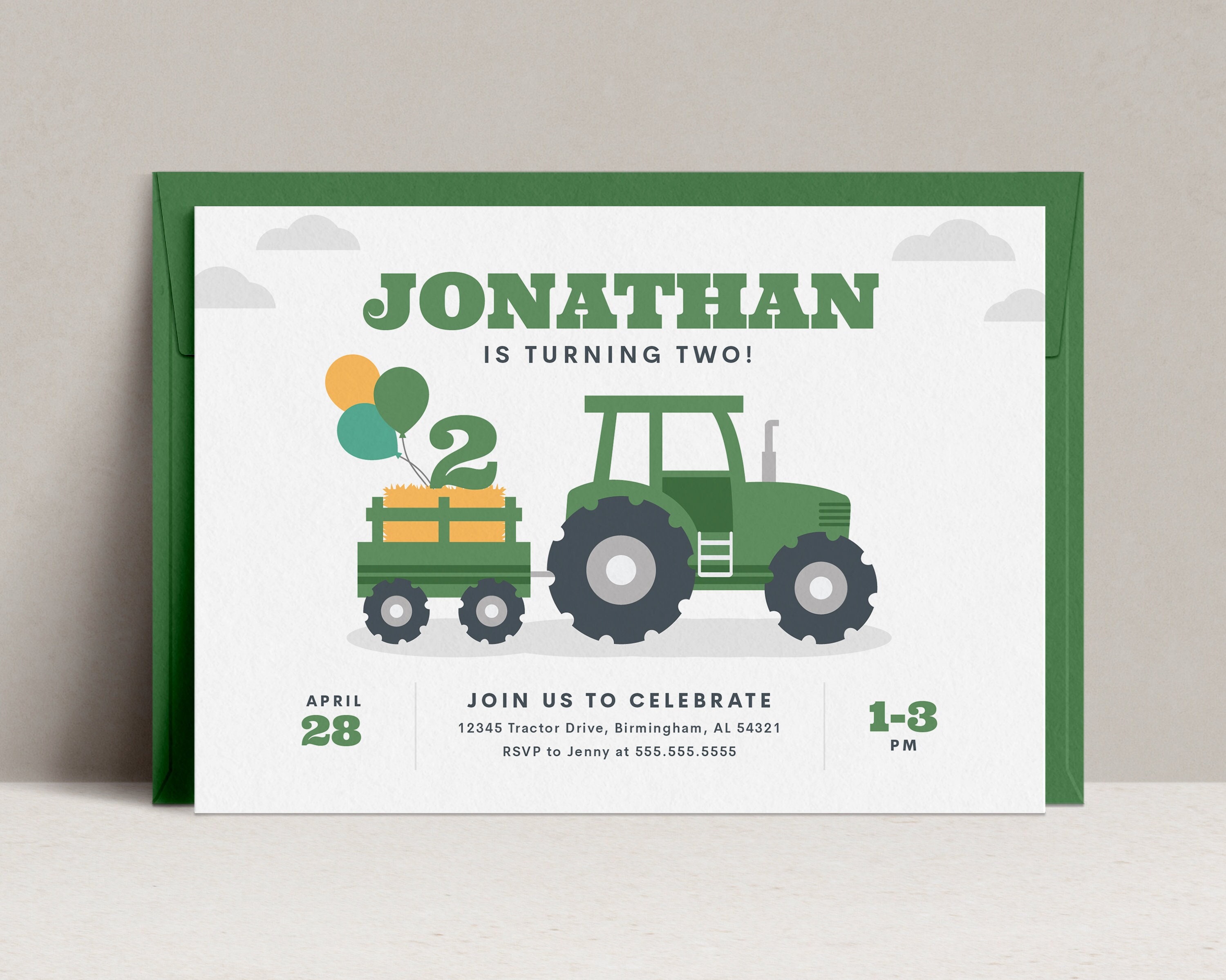 Tractor Birthday Invitation, Editable Modern Green Tractors Party ...
