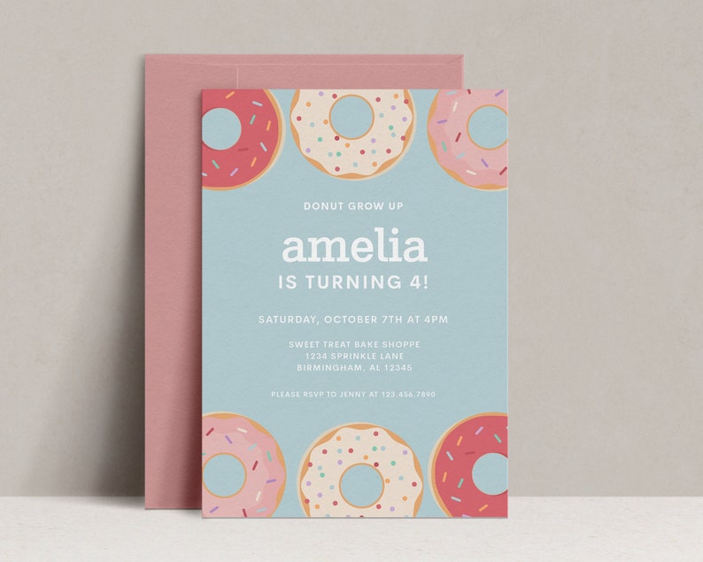 Aqua Donut Birthday Party Invitation, Editable Sweet Girl Donut ...