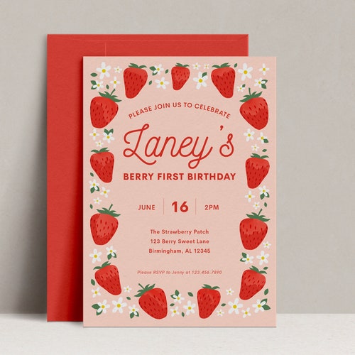 Strawberry First Birthday Invitation Editable Berry First - Etsy