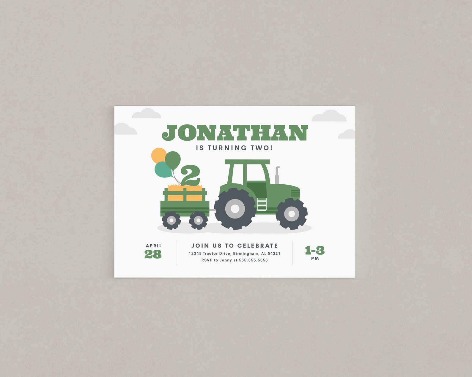 Tractor Birthday Invitation, Editable Modern Green Tractors Party ...