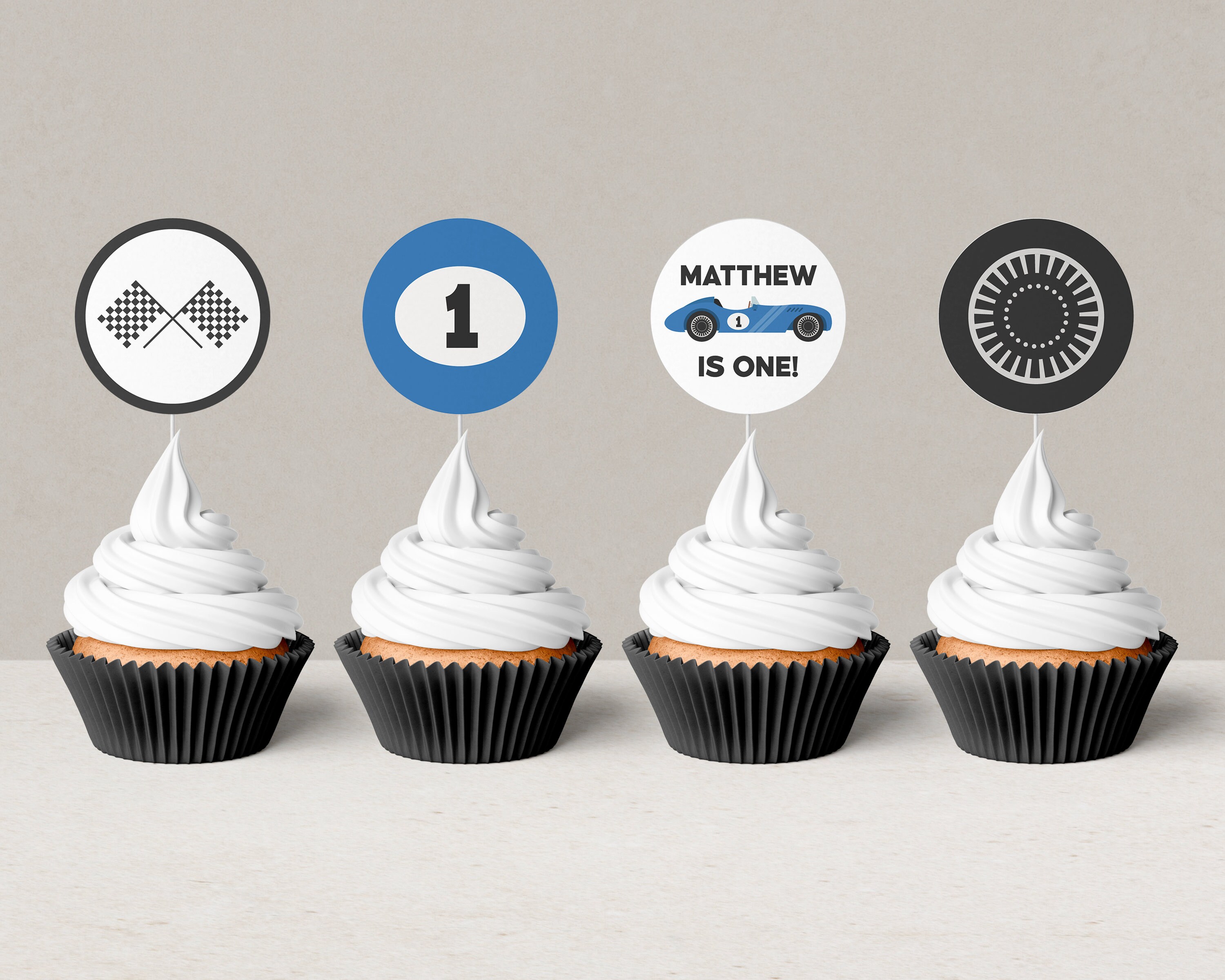 Racecar Birthday Party Cupcake Toppers, Editable Blue Race Car Toppers ...