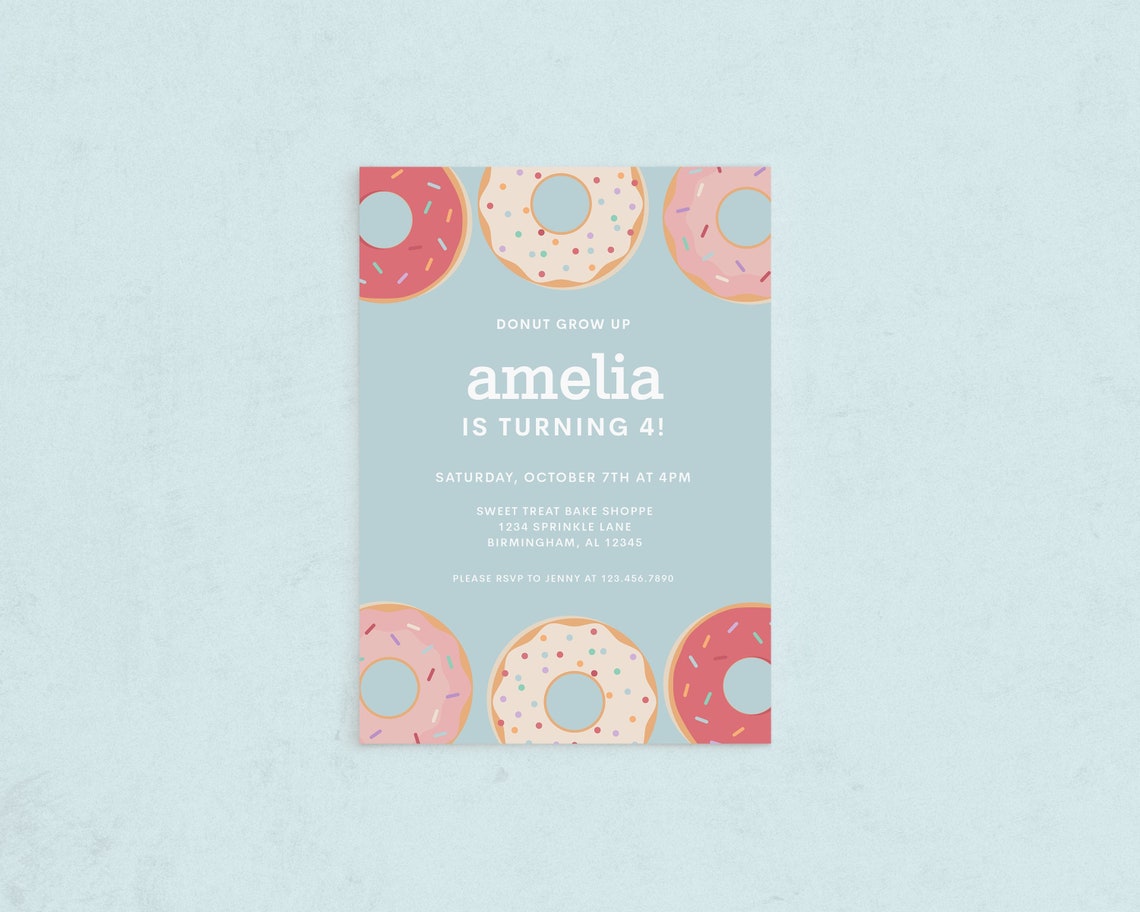 Aqua Donut Birthday Party Invitation, Editable Sweet Girl Donut ...