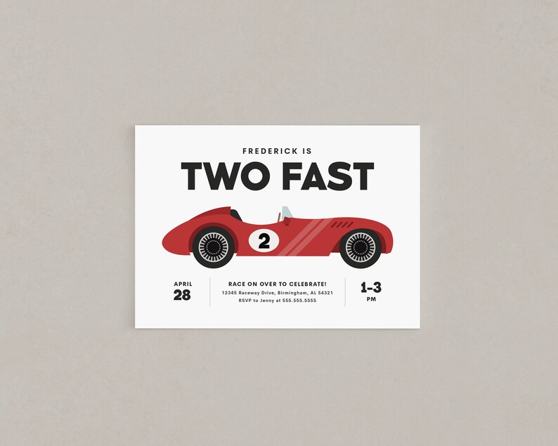 Racecar Birthday Invitation, Editable Modern Red Race Car Two Fast ...