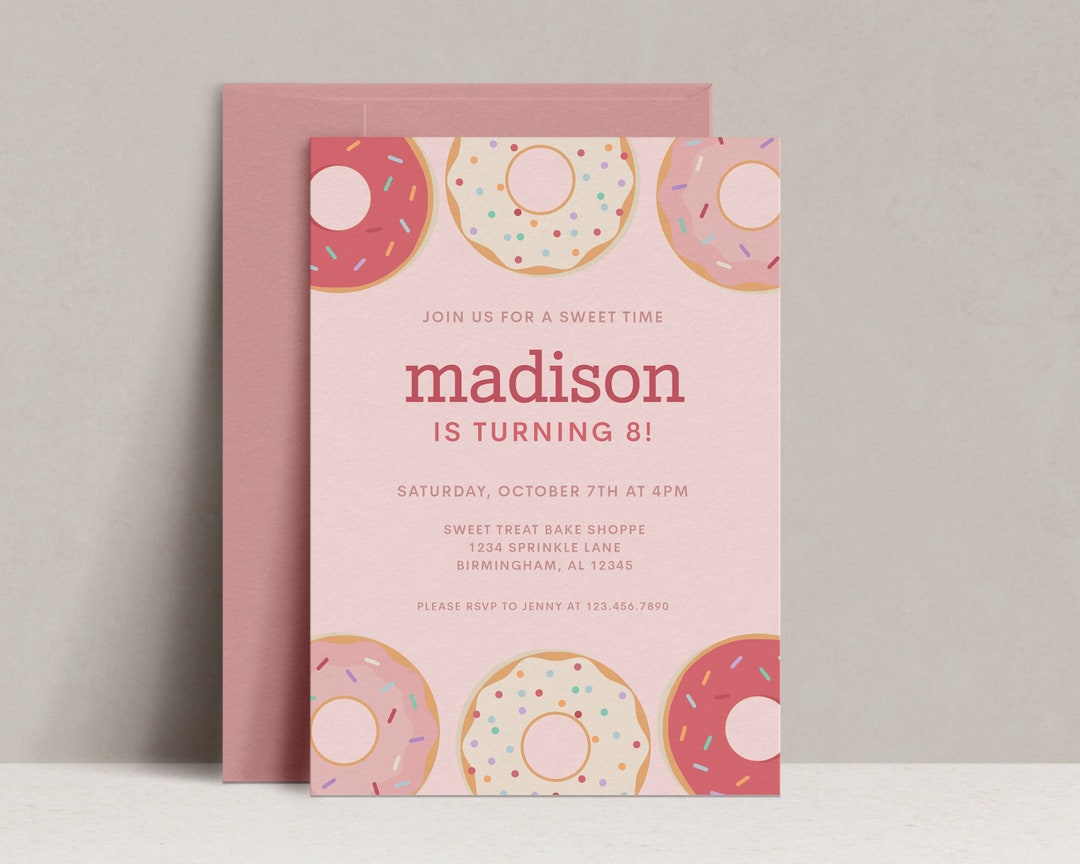 Pink Donut Birthday Party Invitation, Editable Sweet Girl Donut ...