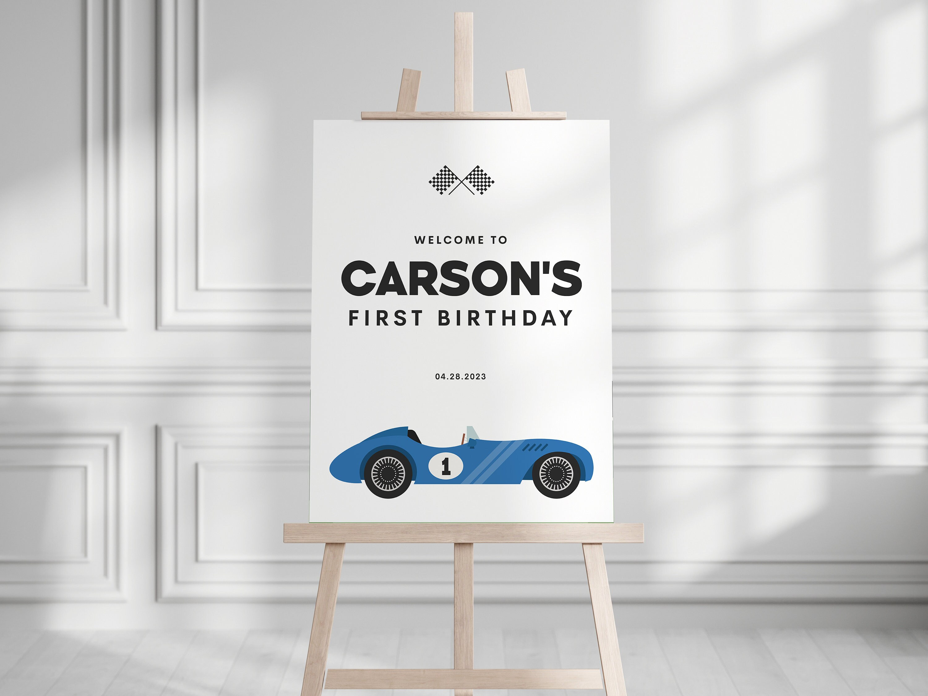 Racecar Birthday Party Welcome Sign, Editable Modern Blue Race Car Wall ...