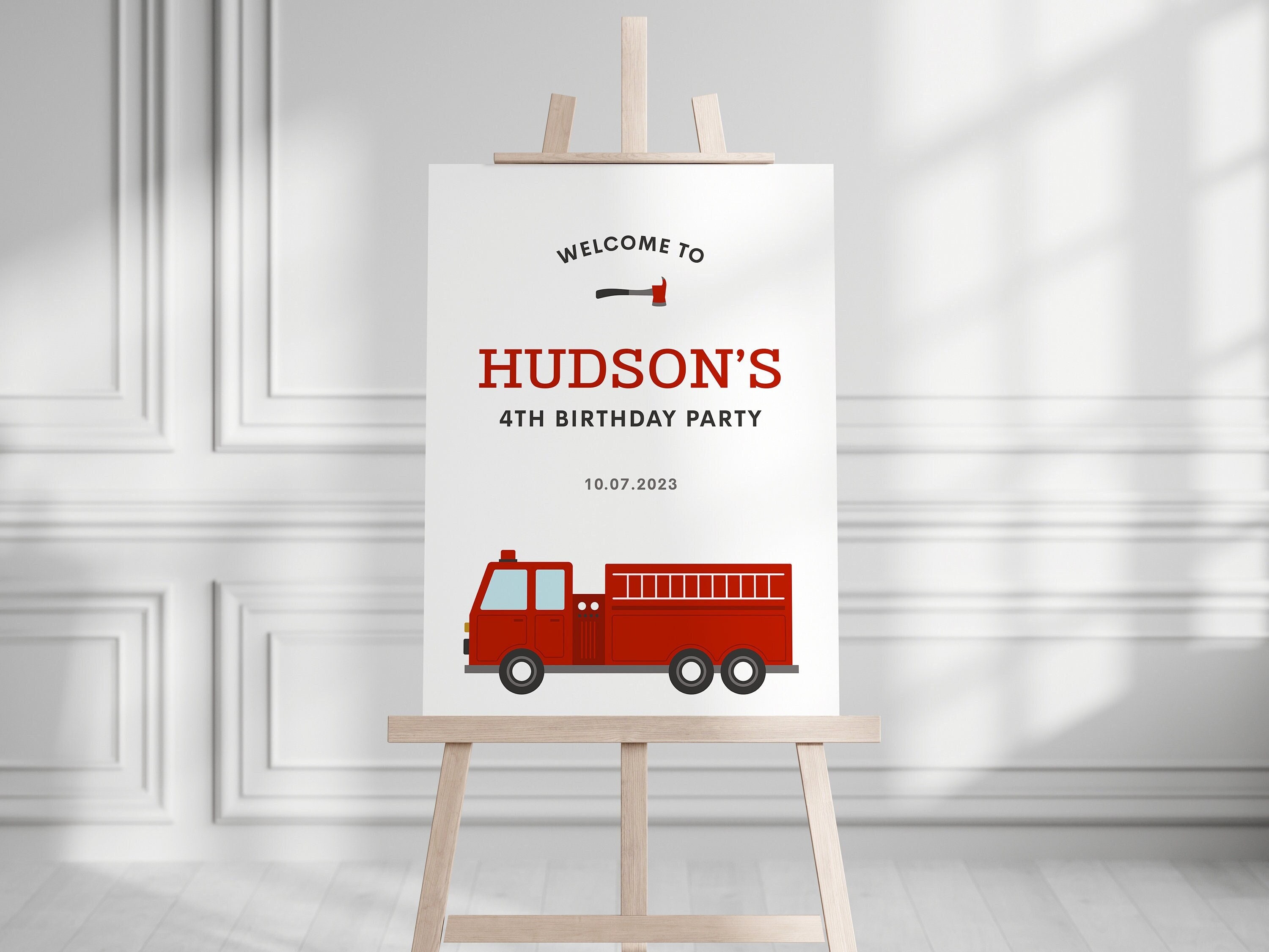 Red Firetruck Birthday Party Welcome Sign, Editable Modern Fire Station ...