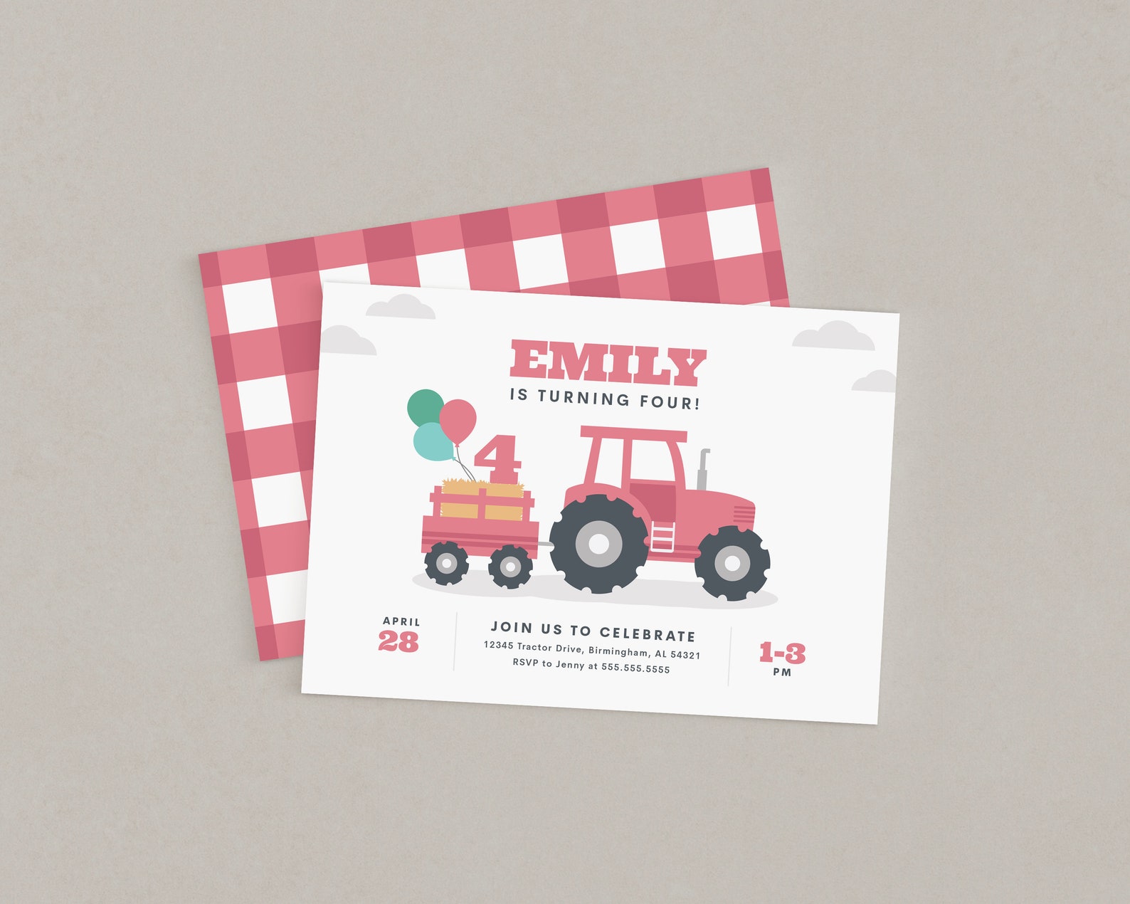 Tractor Birthday Invitation, Editable Modern Pink Tractors Party ...