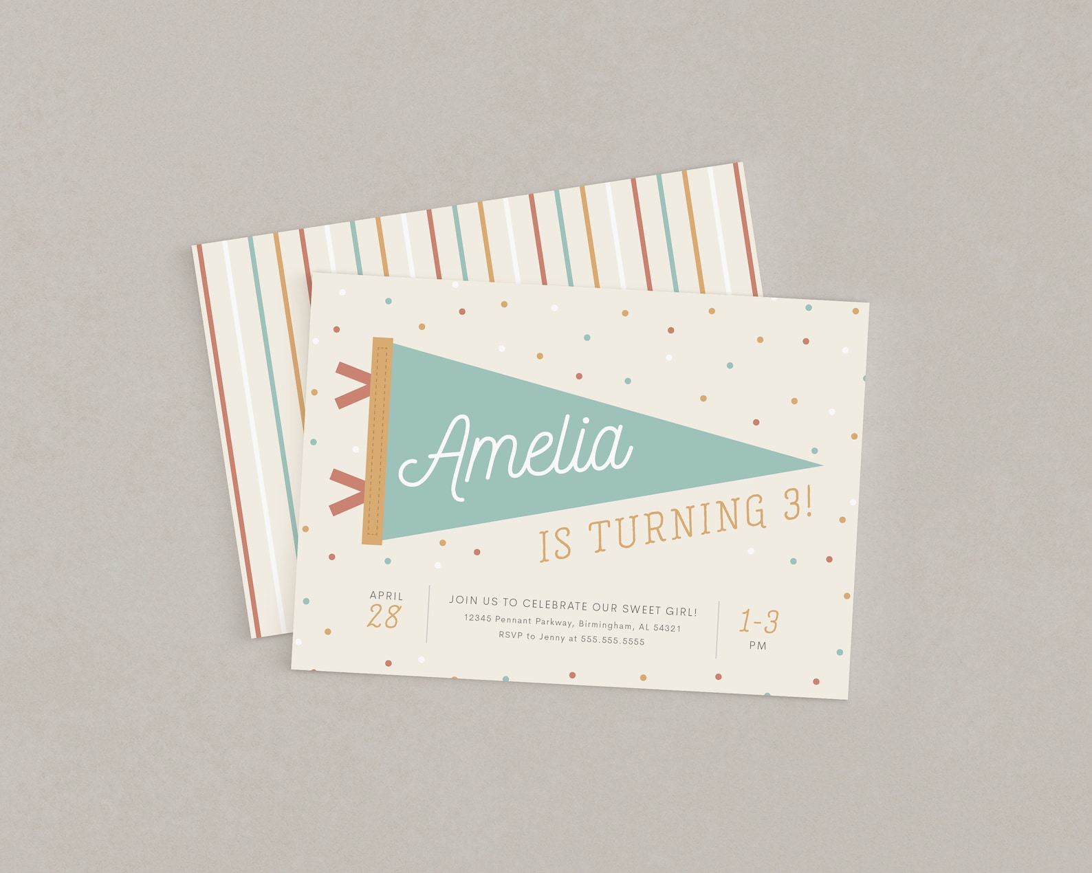 Pennant Birthday Party Invitation, Editable Retro Teal Flag Party ...