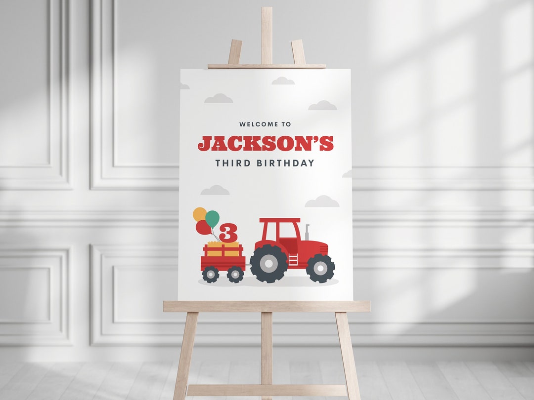Tractor Birthday Party Welcome Sign, Editable Modern Red Tractor Wall ...