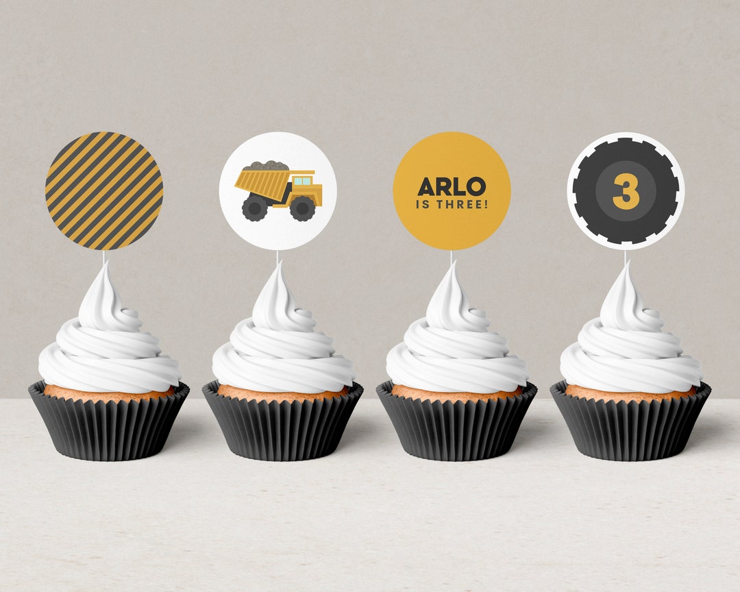 Construction Birthday Party Cupcake Toppers, Editable Dump Truck ...