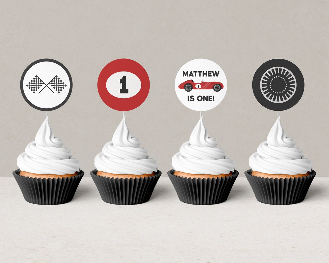 Racecar Birthday Party Cupcake Toppers, Editable Red Race Car Toppers ...