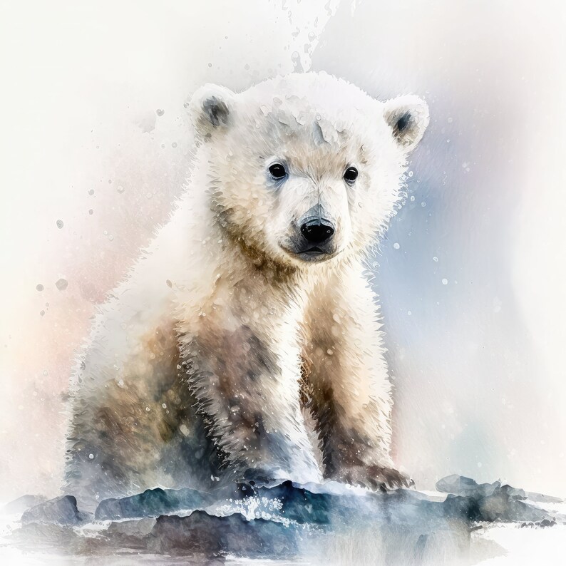 Polar Bear Cub Water Color Painting, Housewarming Gift, Digital Print ...