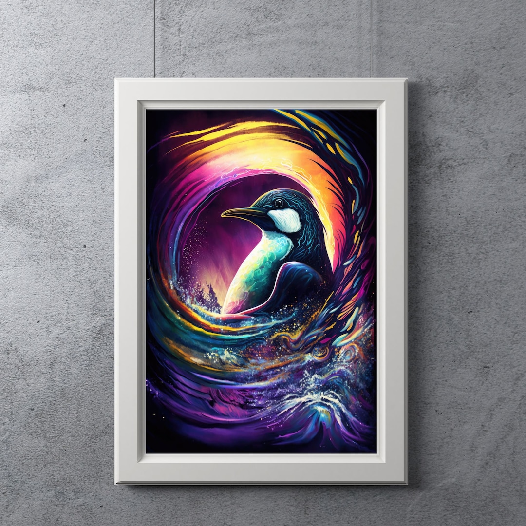 Psychedelic Penguin Oil Painting, Digital Print, Ai Generated, Wall Art ...