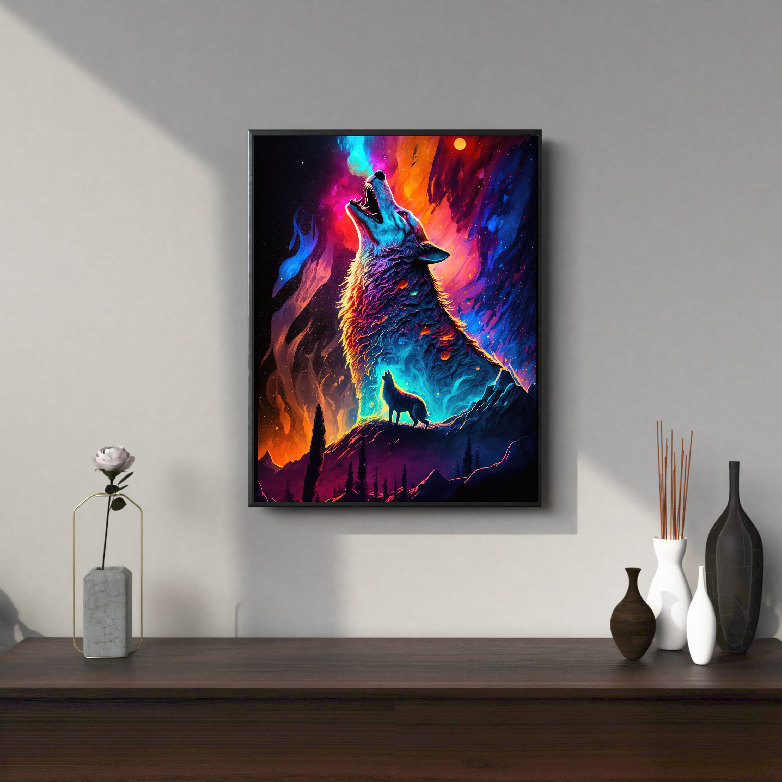 Psychedelic Wolf Oil Painting, Digital Art Print, Ai Generated, Wall ...