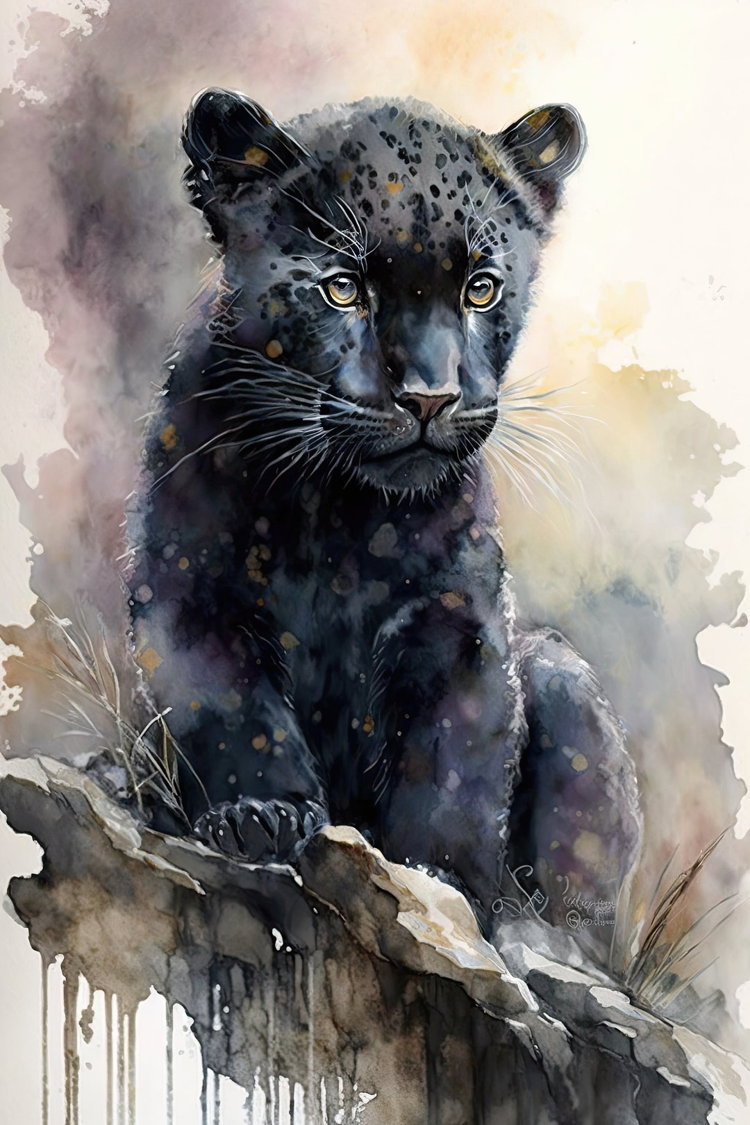 Black Panther Cub Water Color Painting, House Warming Gift, Digital Art ...