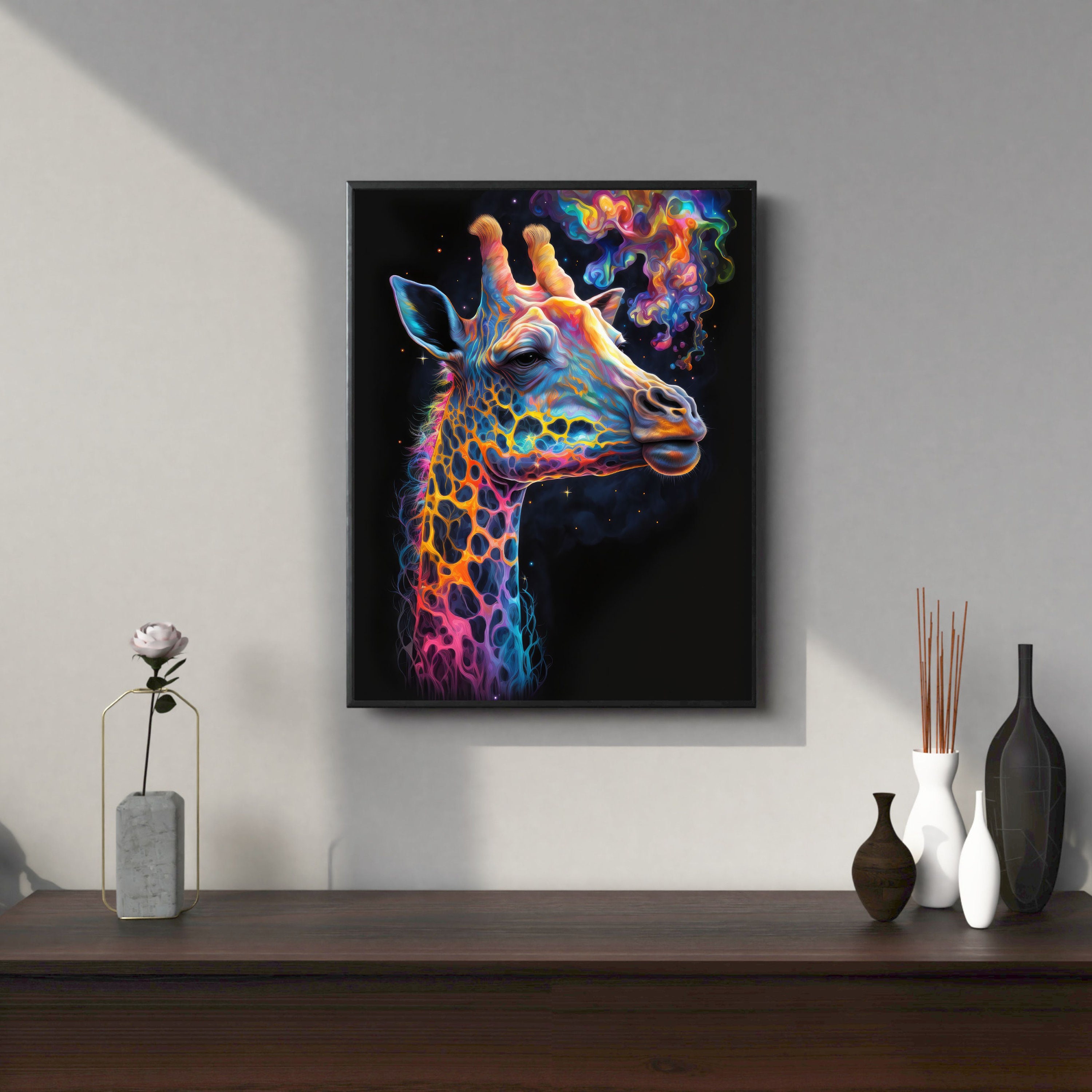 Psychedelic Giraffe Oil Painting, Digital Print, Ai Generated, Wall Art ...