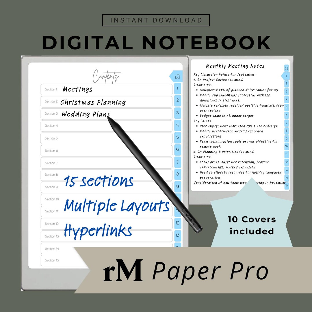 Rm Paper Pro Hyperlinked Notebook 15 Sections | Digital Planner ...
