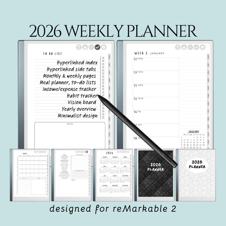 2026 Hyperlinked Planner for Remarkable 1 and 2 | Weekly Blank Boxes ...