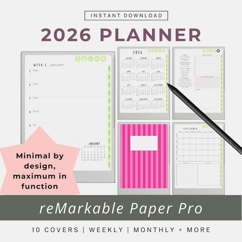 Remarkable Paper Pro Planner 2026 | Hyperlinked Weekly Monthly Digital ...