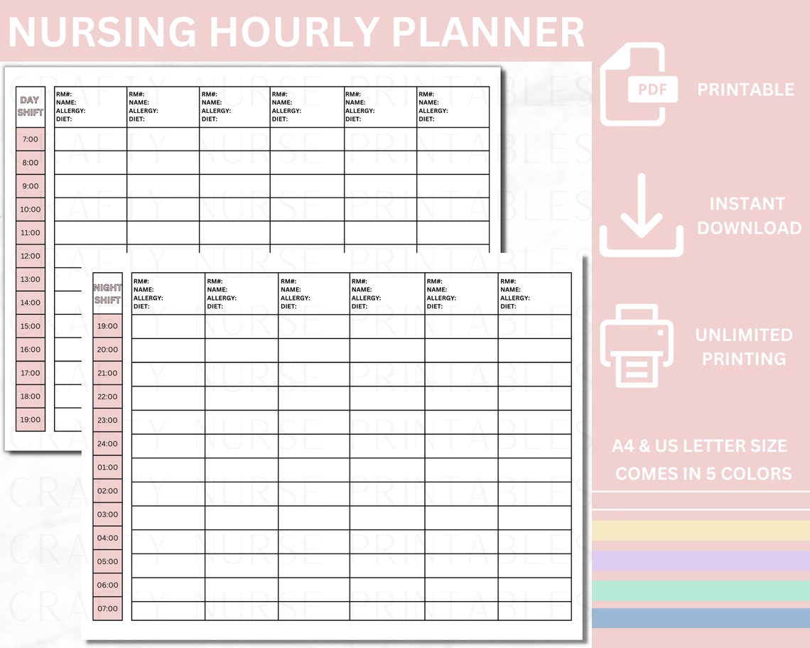 Nurse Hourly to Do Planner, Day and Night Nursing Shift Planner ...
