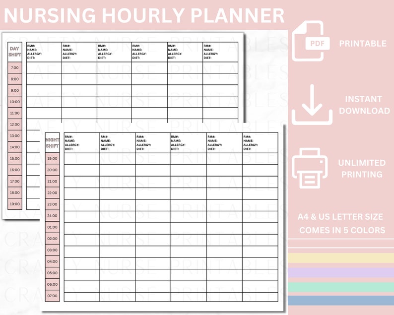 Nurse Hourly to Do Planner, Day and Night Nursing Shift Planner ...