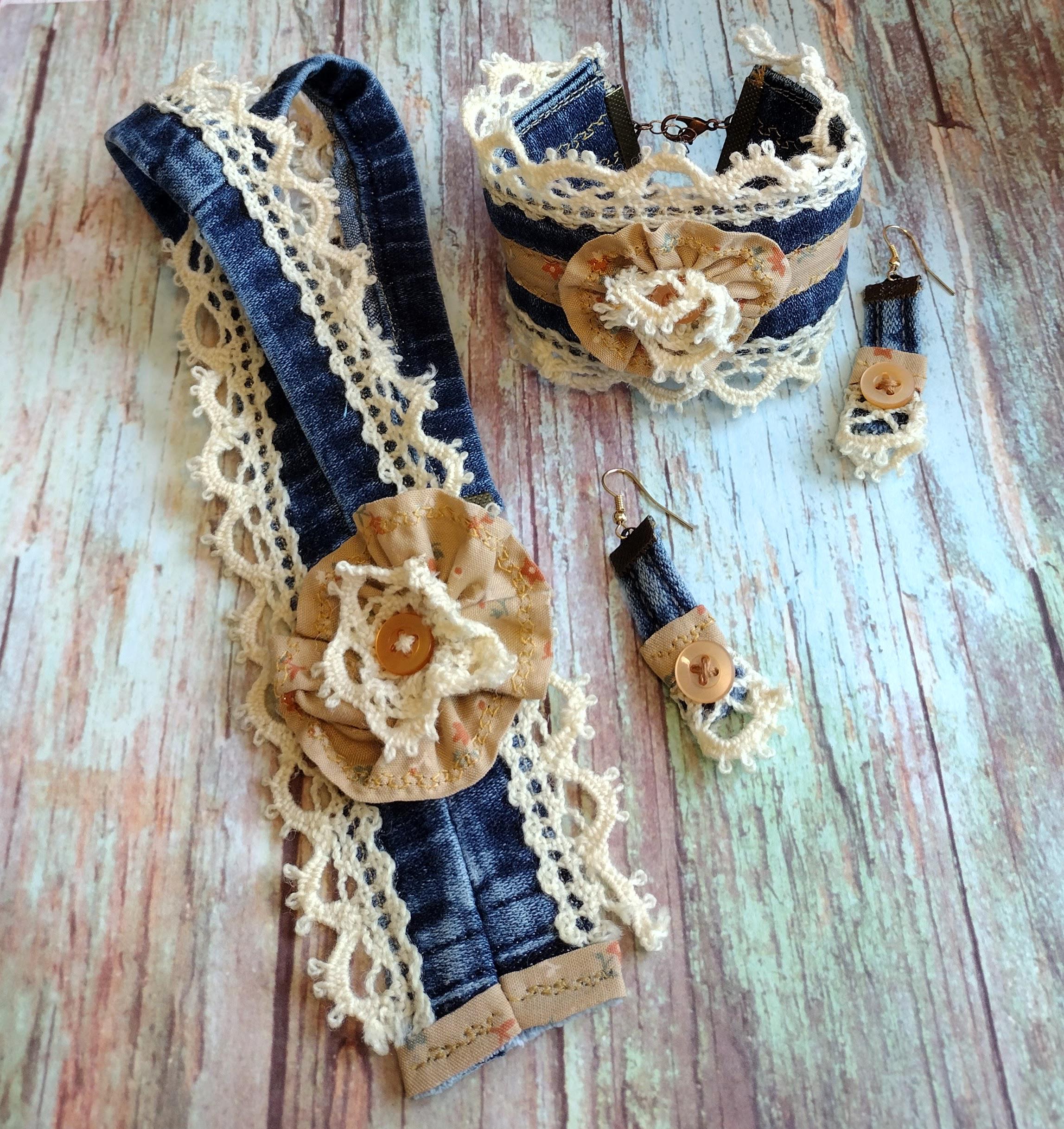 Boho Denim & Vintage Lace Jewelry Set, Statement Necklace, Upcycled ...