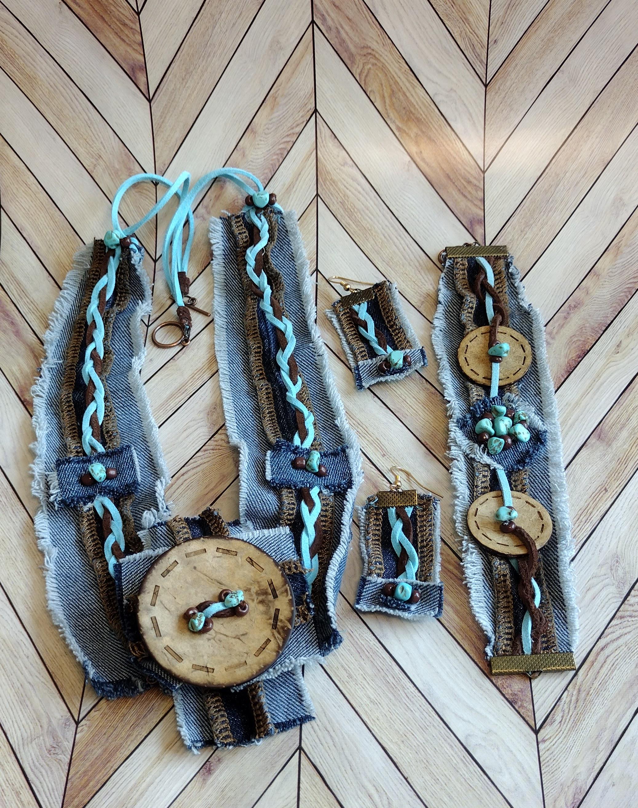 Western Denim and Turquoise Jewelry Set, Statement Necklace, Upcycled ...