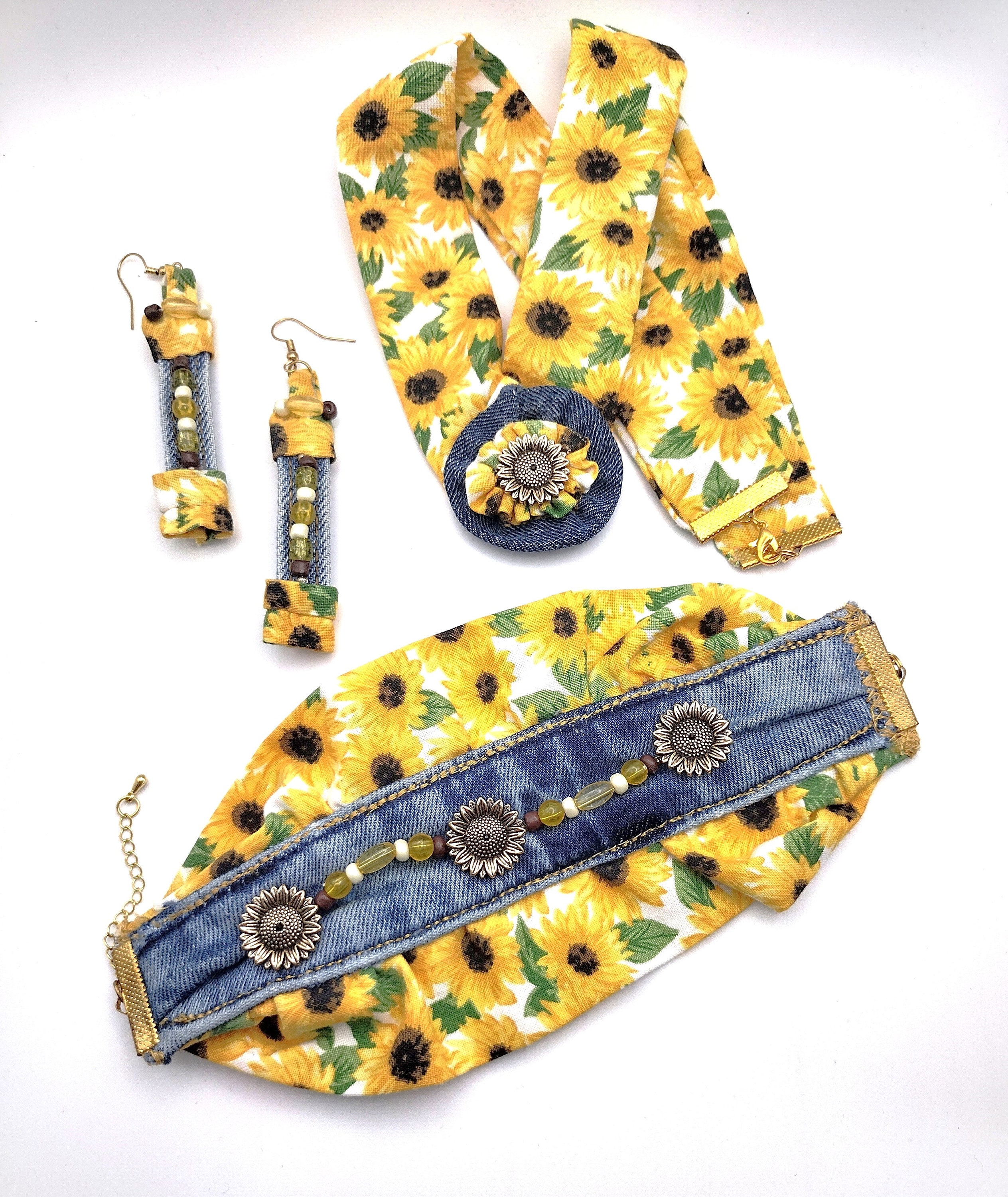 Upcycled Denim and Sunflower Fabric Designer Jewelry Set, Statement ...