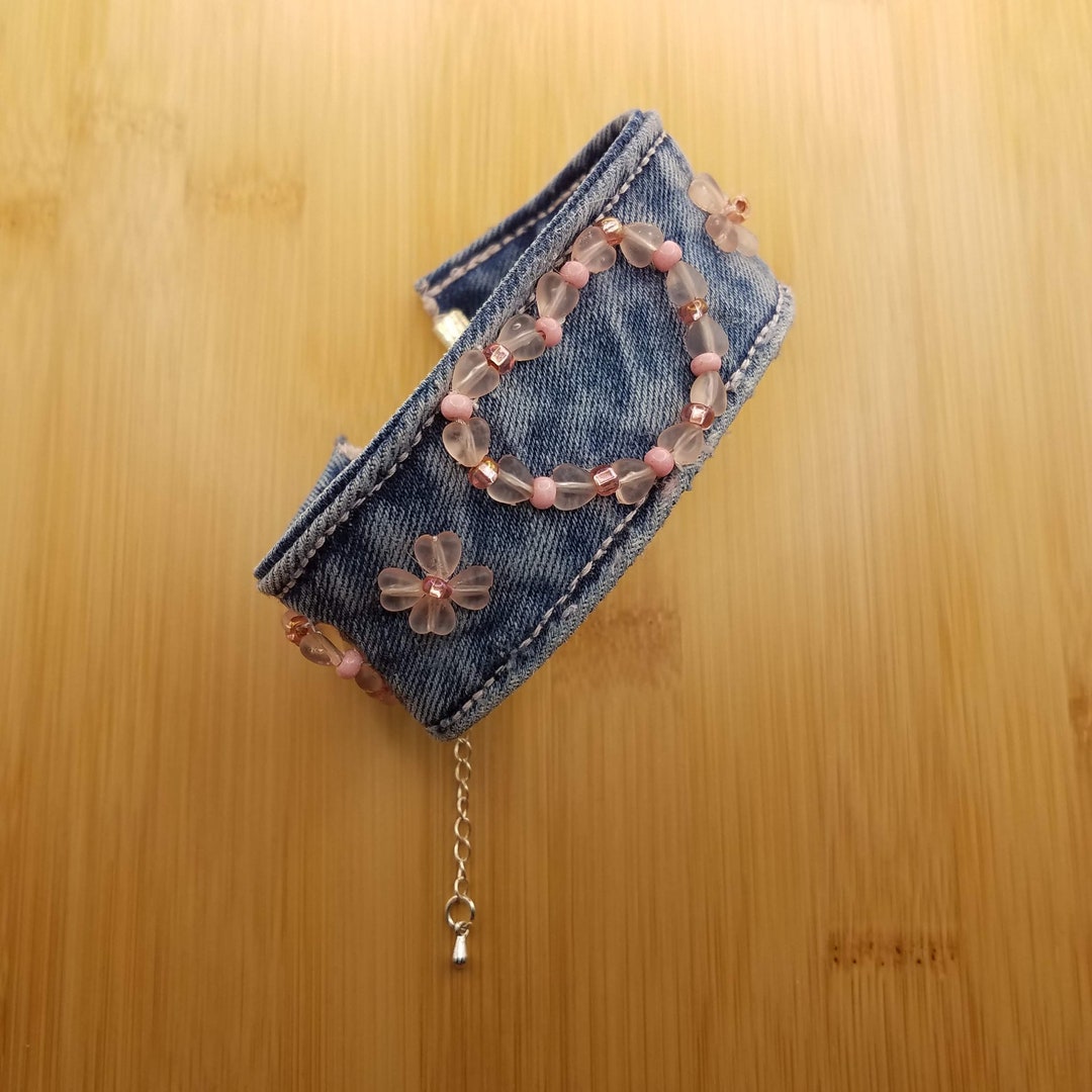 Upcycled Denim Boho Style Beaded Cuff Bracelets, Pink Hearts Bracelet ...