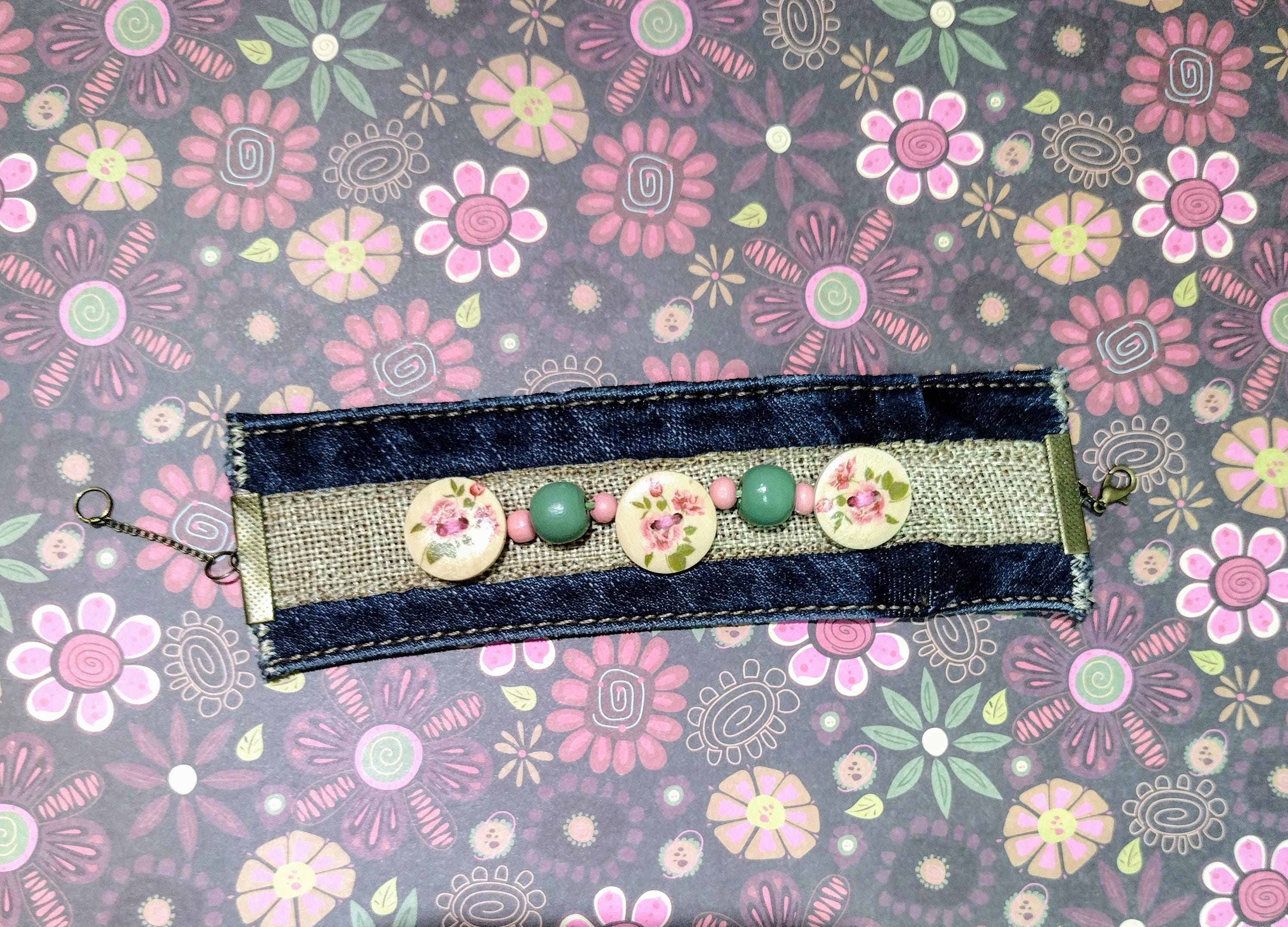 Boho Upcycled Denim Cuff Bracelet: Vintage Rose Buttons and Wood Beads ...