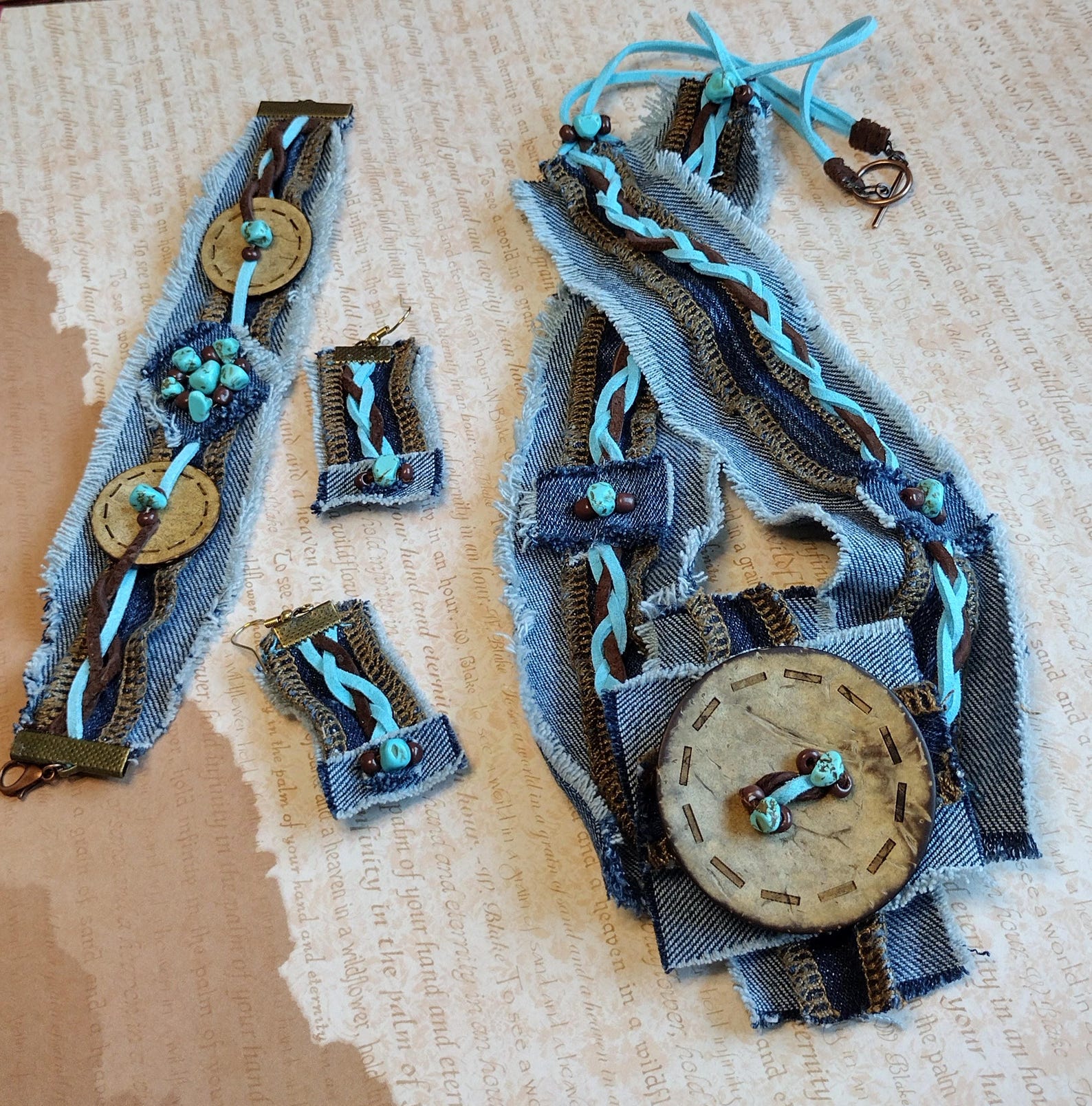 Western Denim and Turquoise Jewelry Set, Statement Necklace, Upcycled ...
