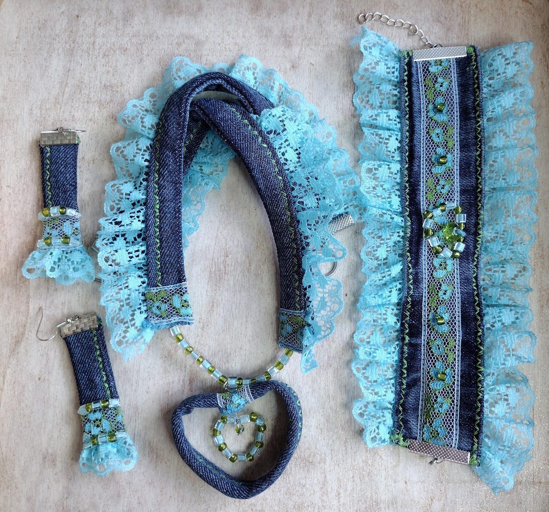 Denim & Vintage Lace Jewelry Set, Fabric Statement Necklace, Blue Jeans ...