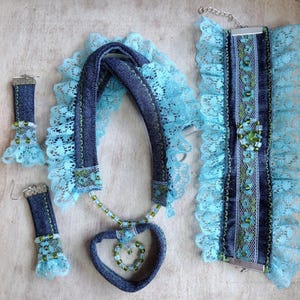 Denim & Vintage Lace Jewelry Set, Fabric Statement Necklace, Blue Jeans ...