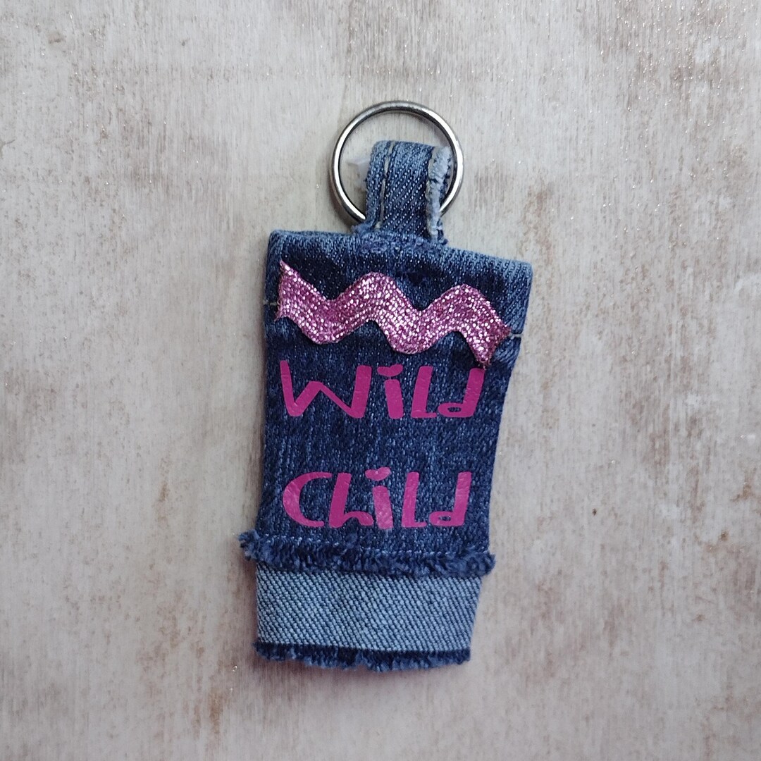 Upcycled Denim Keychain, Wild Child Girl Keyring, Repurposed Blue Jeans ...