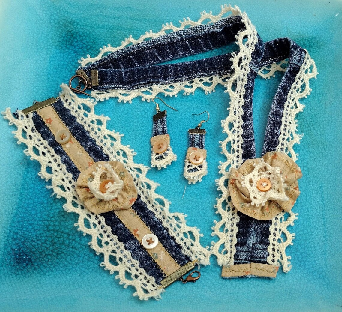 Boho Denim & Vintage Lace Jewelry Set, Statement Necklace, Upcycled ...