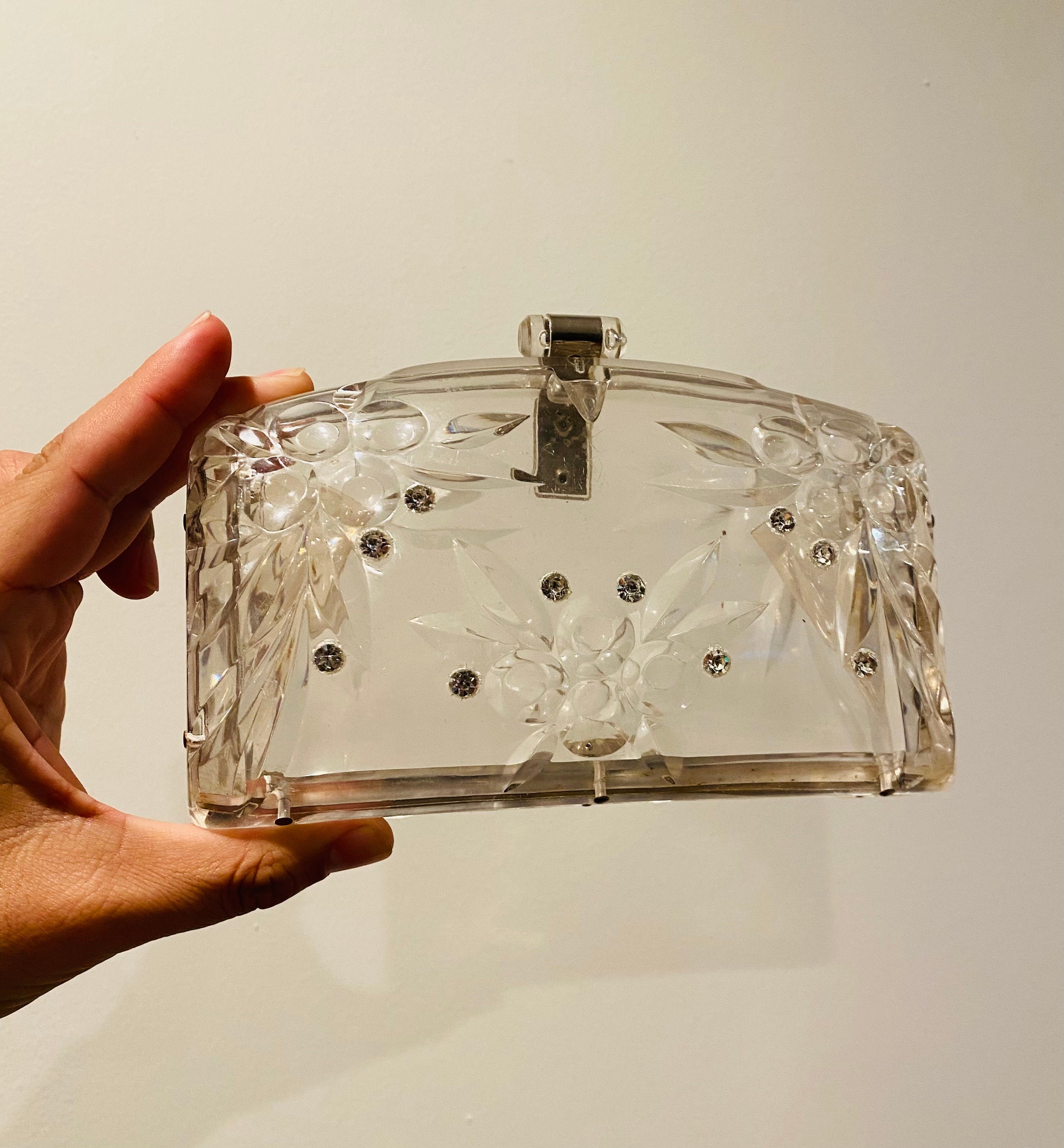Vintage MCM 50’s Clear Lucite Clutch Cherry Motif With Rhinestone ...