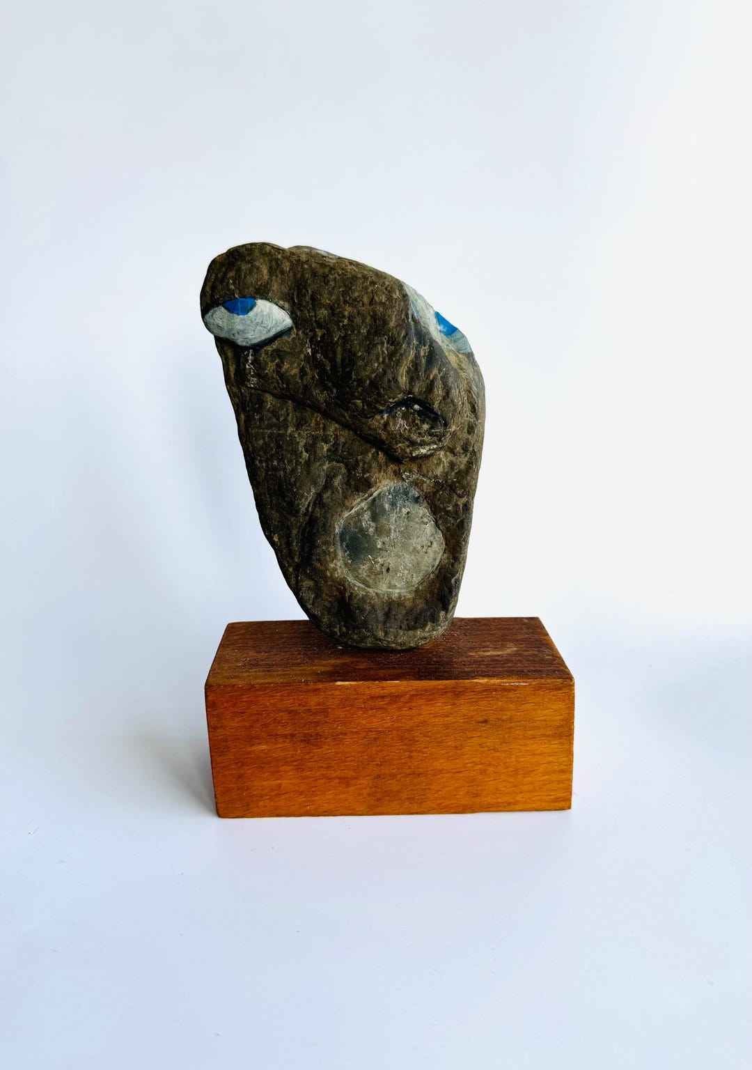 Vintage European Abstract Grotesque Face Painted Natural Stone Rock ...