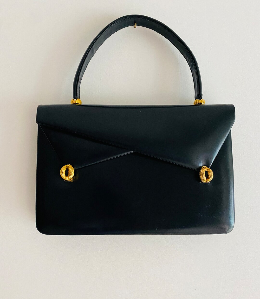 Vintage 50’s Navy Blue Leather Handbag With Goldtone Accents and ...