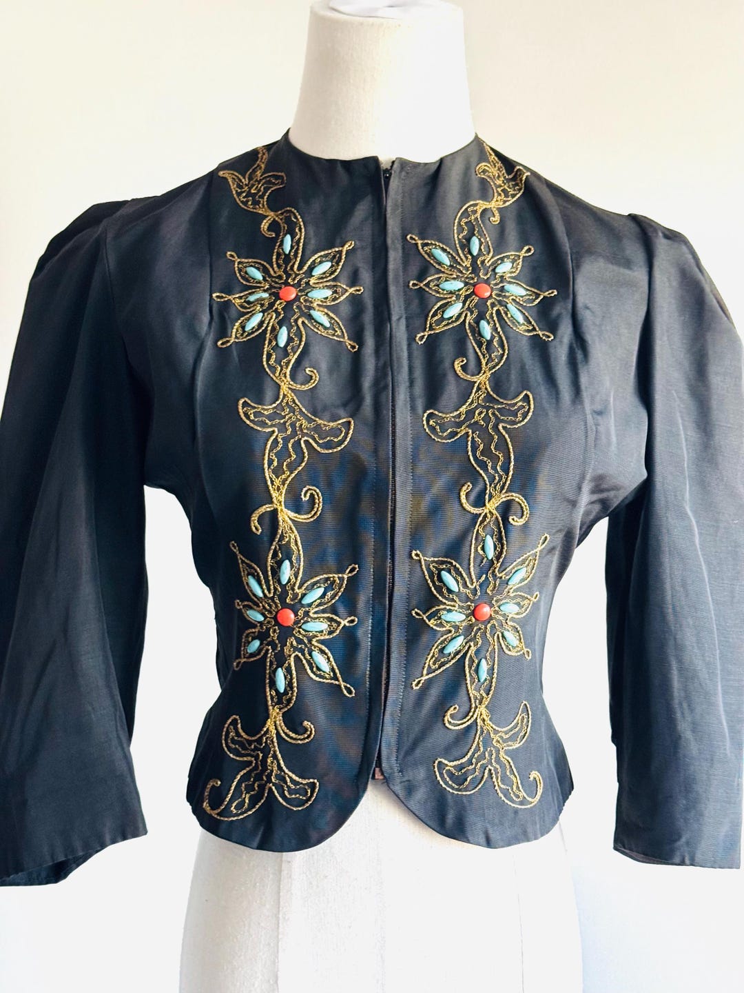 Vintage 40s Black Metallic Thread Embroidered Blouse or Jacket With ...