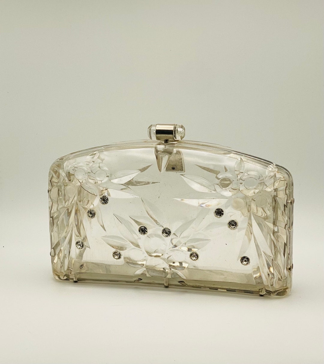 Vintage MCM 50’s Clear Lucite Clutch Cherry Motif With Rhinestone ...