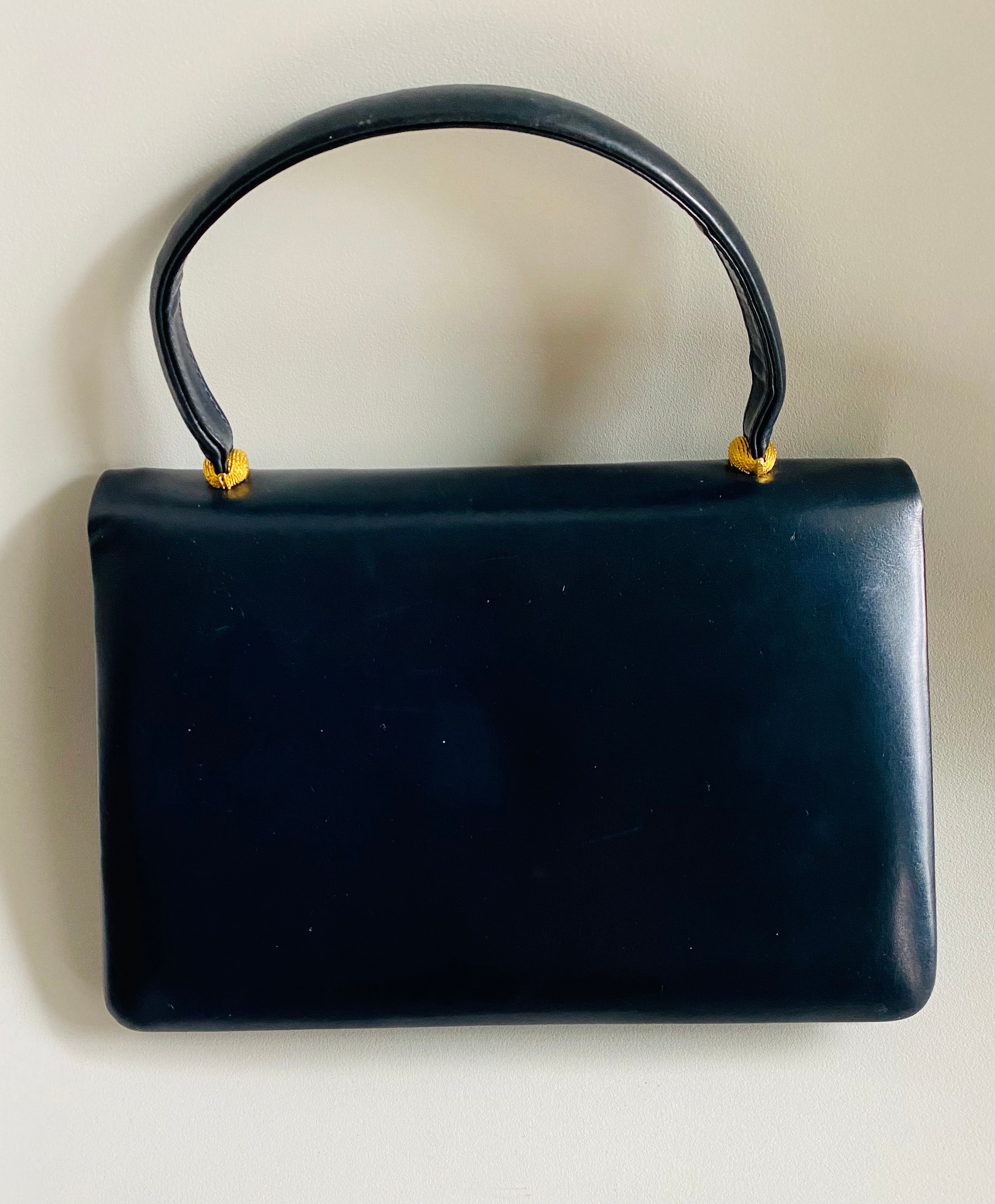 Vintage 50’s Navy Blue Leather Handbag With Goldtone Accents and ...
