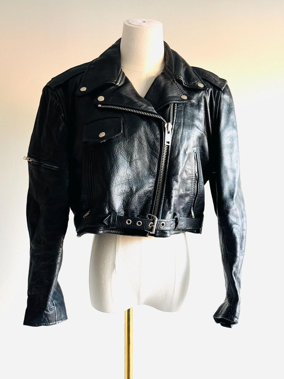 Vintage Leather Cropped Biker Jacket Motorcycle Jacket Black Zipper ...