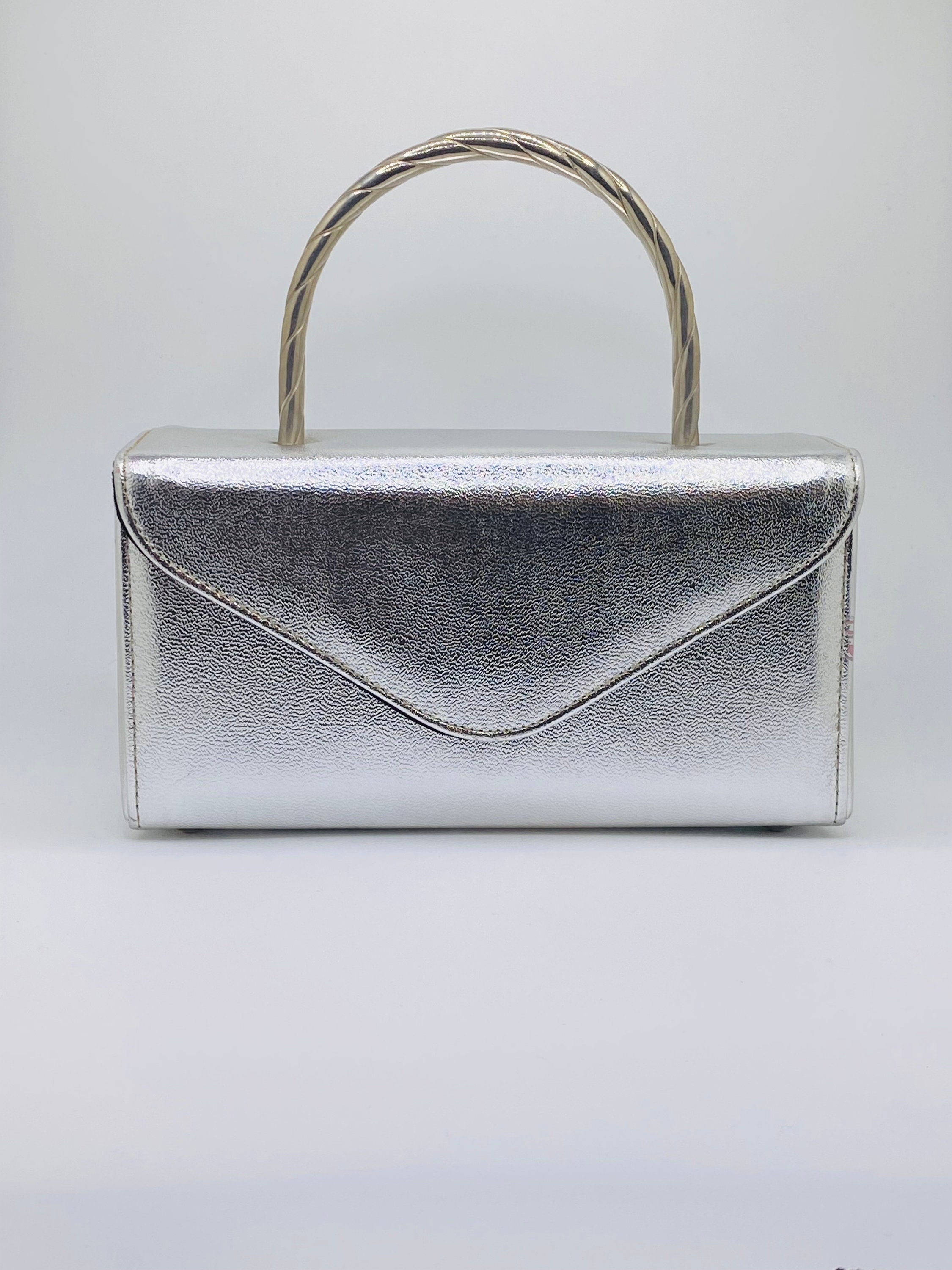 Vintage Purse Metallic Silver Leather Handbag With Metal Handle Box Bag ...