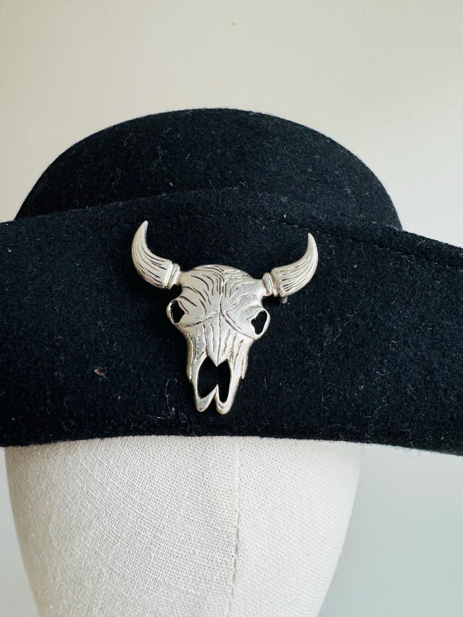 Vintage 100% Black Wool Bowler / Cloche Style Hat With Silver Horned ...