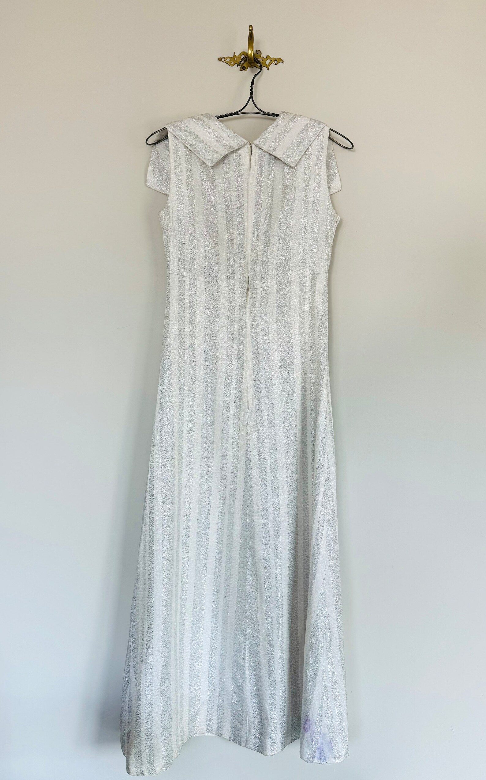 Vintage Jean Allen Lame Gown: White and Silver Striped, Flared Collar ...