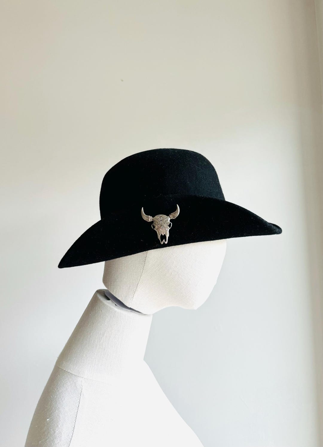 Vintage 100% Black Wool Bowler / Cloche Style Hat With Silver Horned ...
