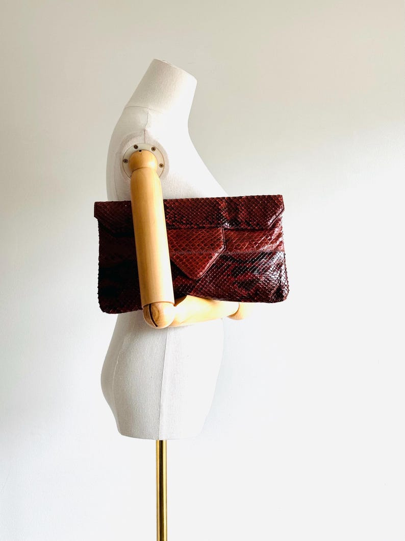 Vintage Ruth Saltz Rust Red Toned Snake Skin Patchwork Envelope Clutch ...