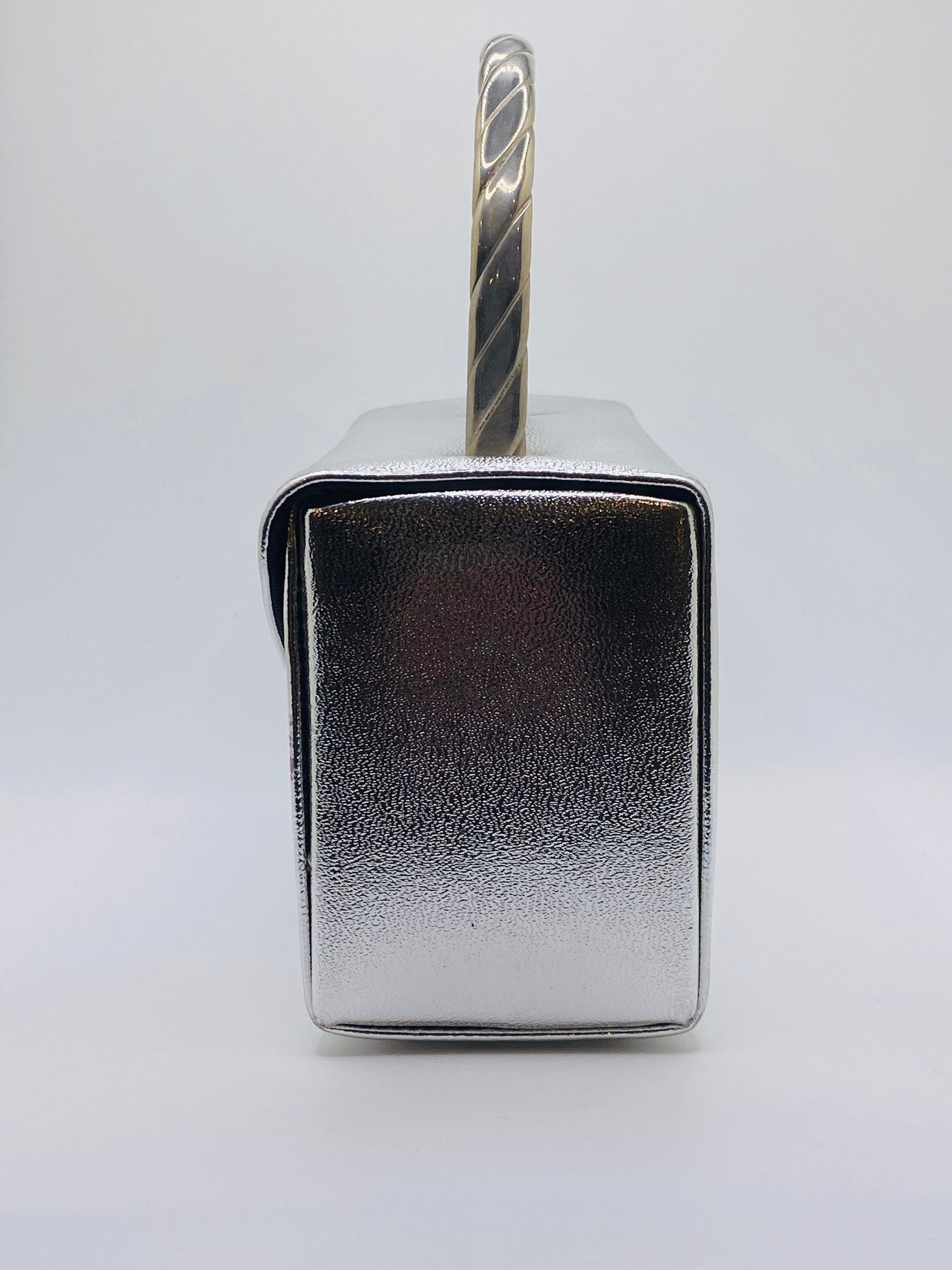 Vintage Purse Metallic Silver Leather Handbag With Metal Handle Box Bag ...